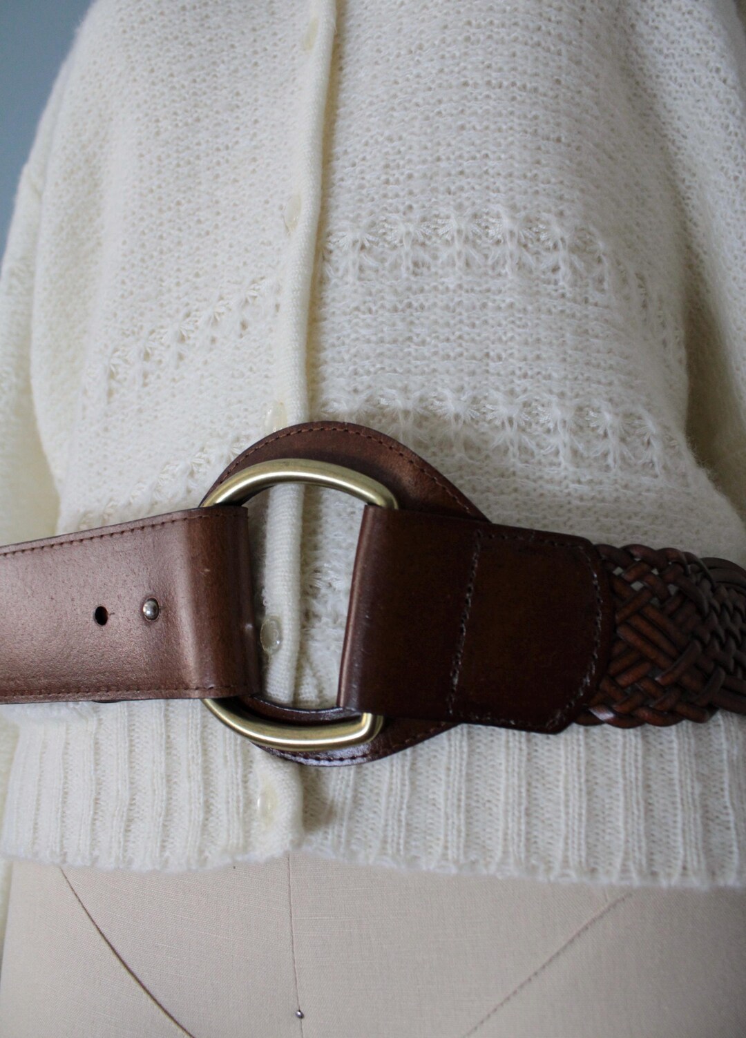 Chestnut Leather Cinch Belt Y2k Wide Braided Belt Large Buckle Brass ...