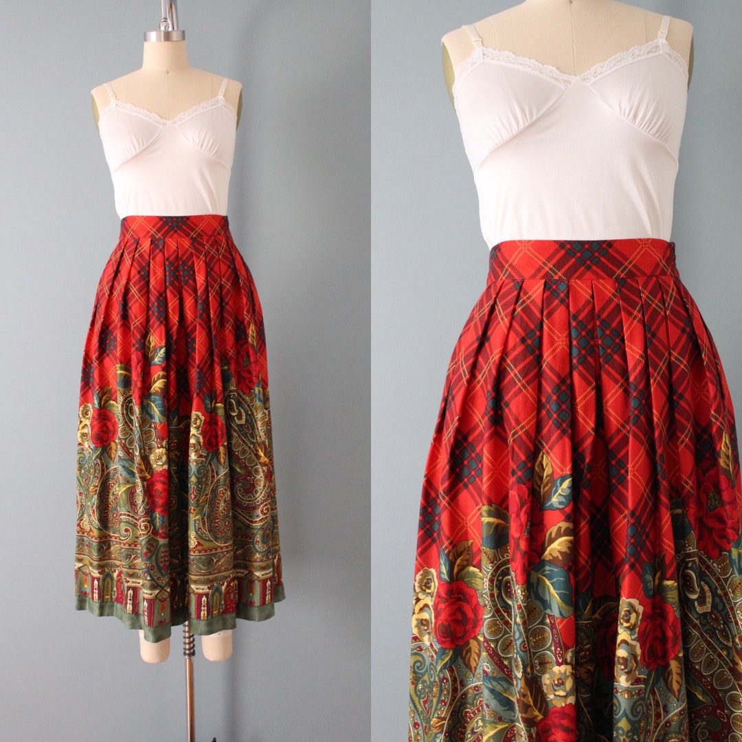 Vintage Full Flared Bohemian Skirt | 1980s Herman Geist Paisley Red ...