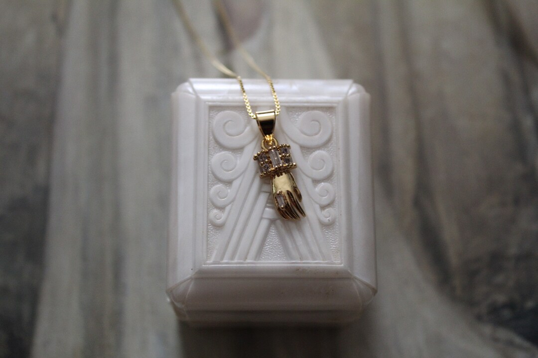 Victorian Hand Charm Necklace | 14K Gold Plated Rhinestone Hand ...