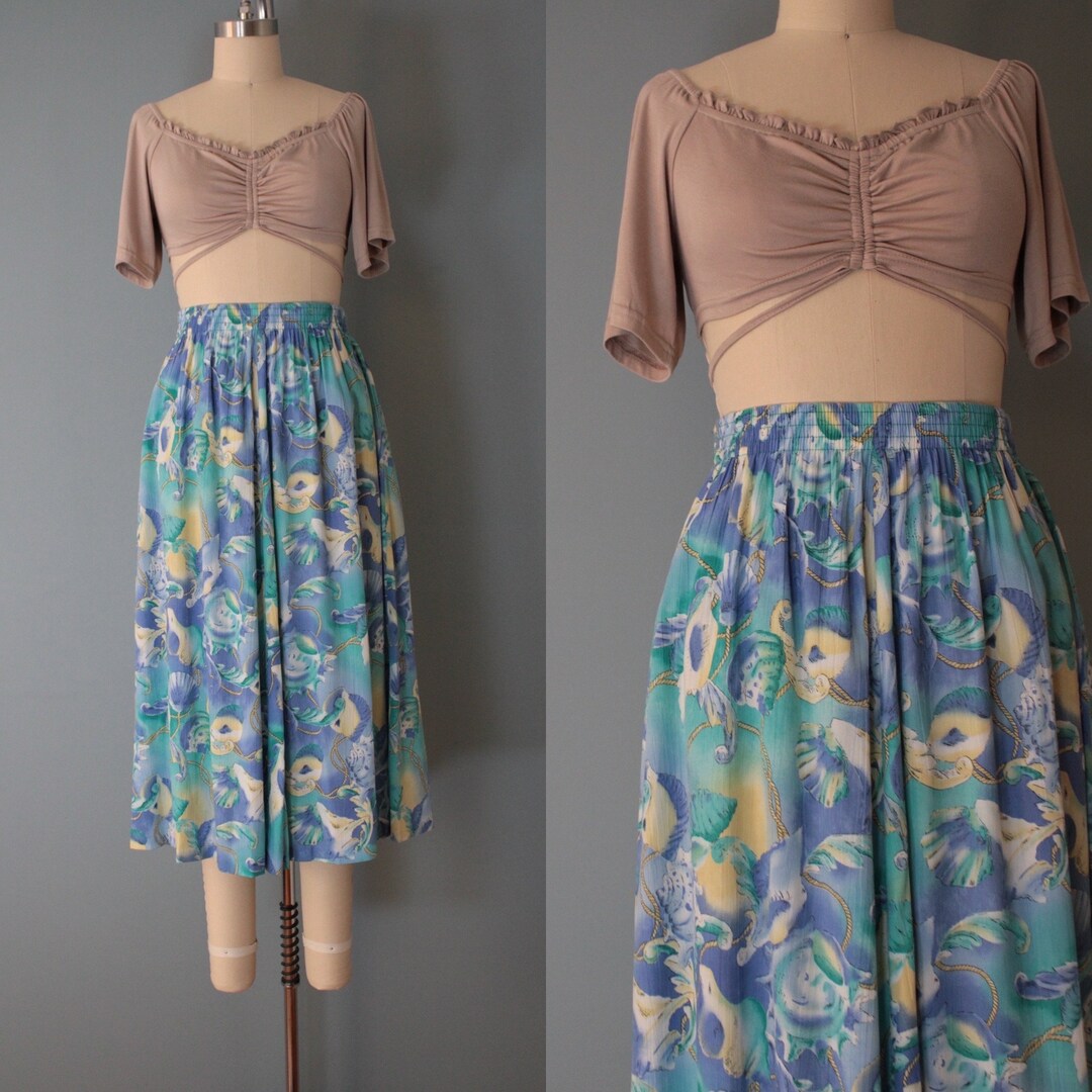 SEA SHELLS Maxi Skirt | 90s Micro Pleat Skirt | Ombre Blue Nautical ...