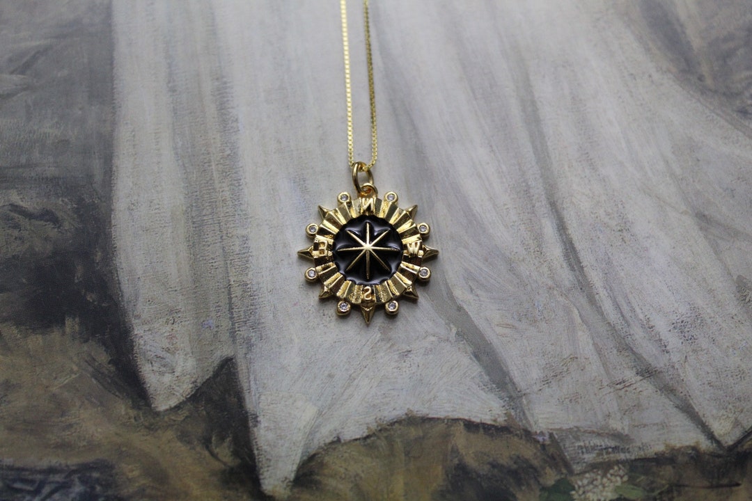 Victorian COMPASS Necklace 14K Gold Plated Black Enamel Necklace Gift ...