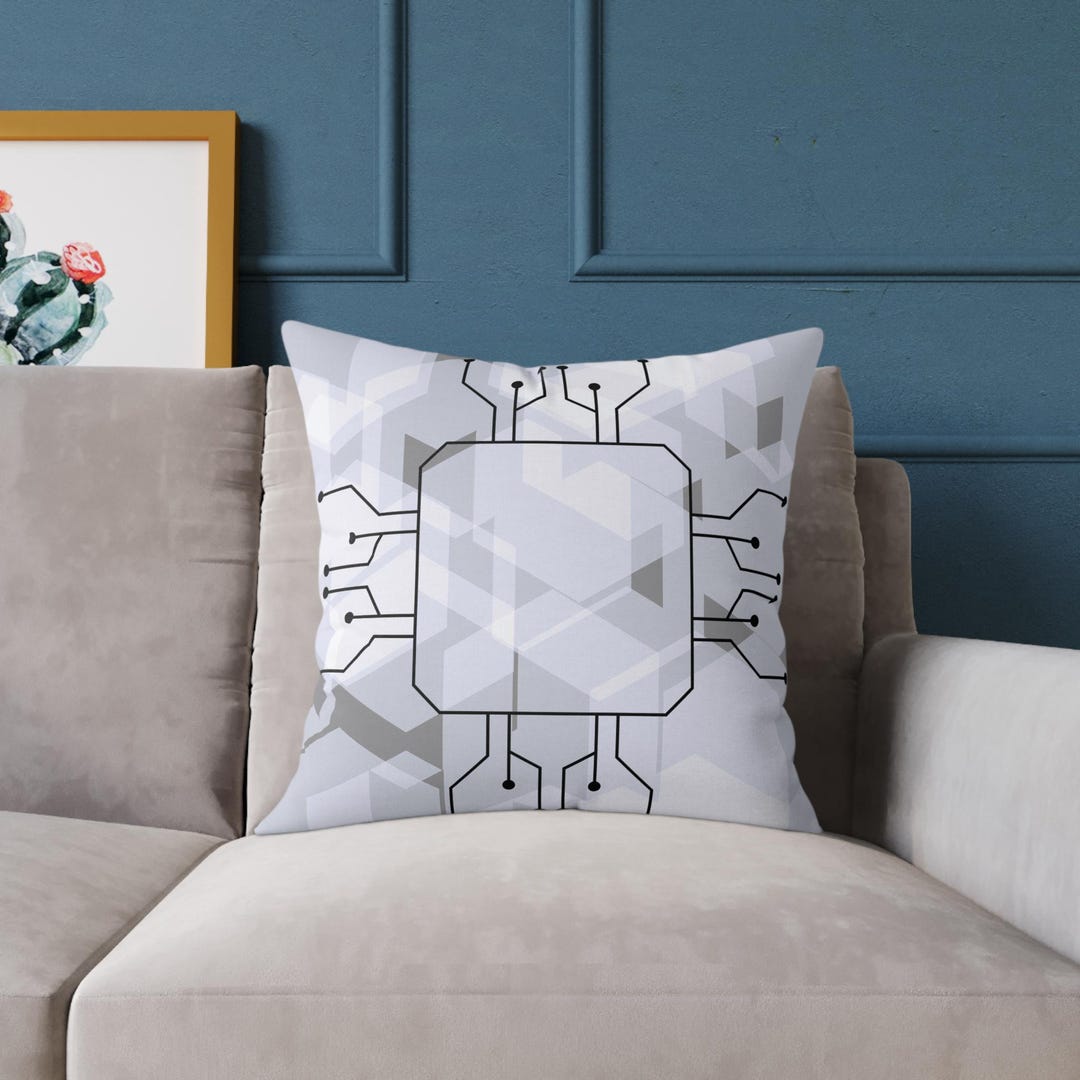 Futuristic Circuitry Square Poly Canvas Pillow | Black Gray White ...
