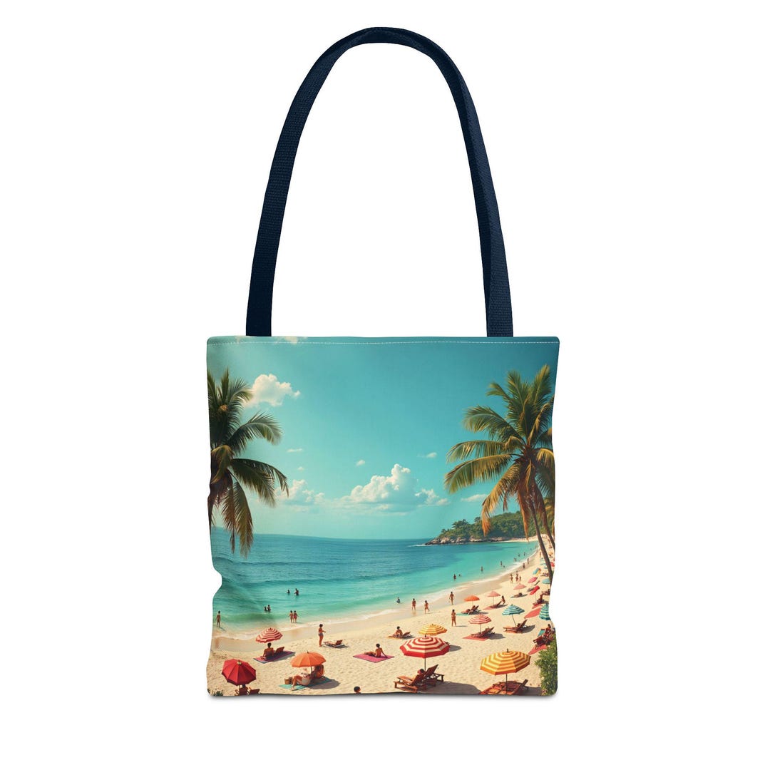 Beach Scene Tote Bag: Tropical Umbrellas, Palm Trees, Crystal Waters - Etsy