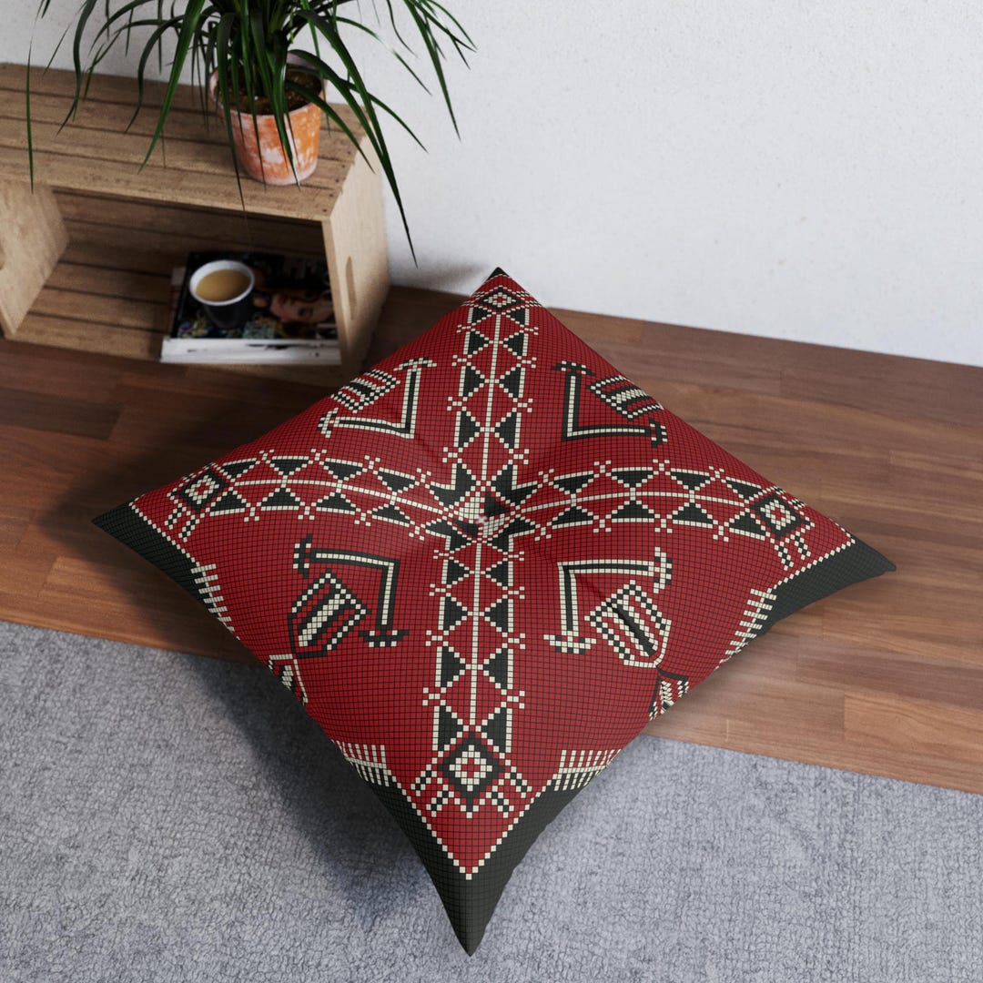 Geometric Folk Pattern Tufted Floor Pillow | Red Tribal Square Cushion ...