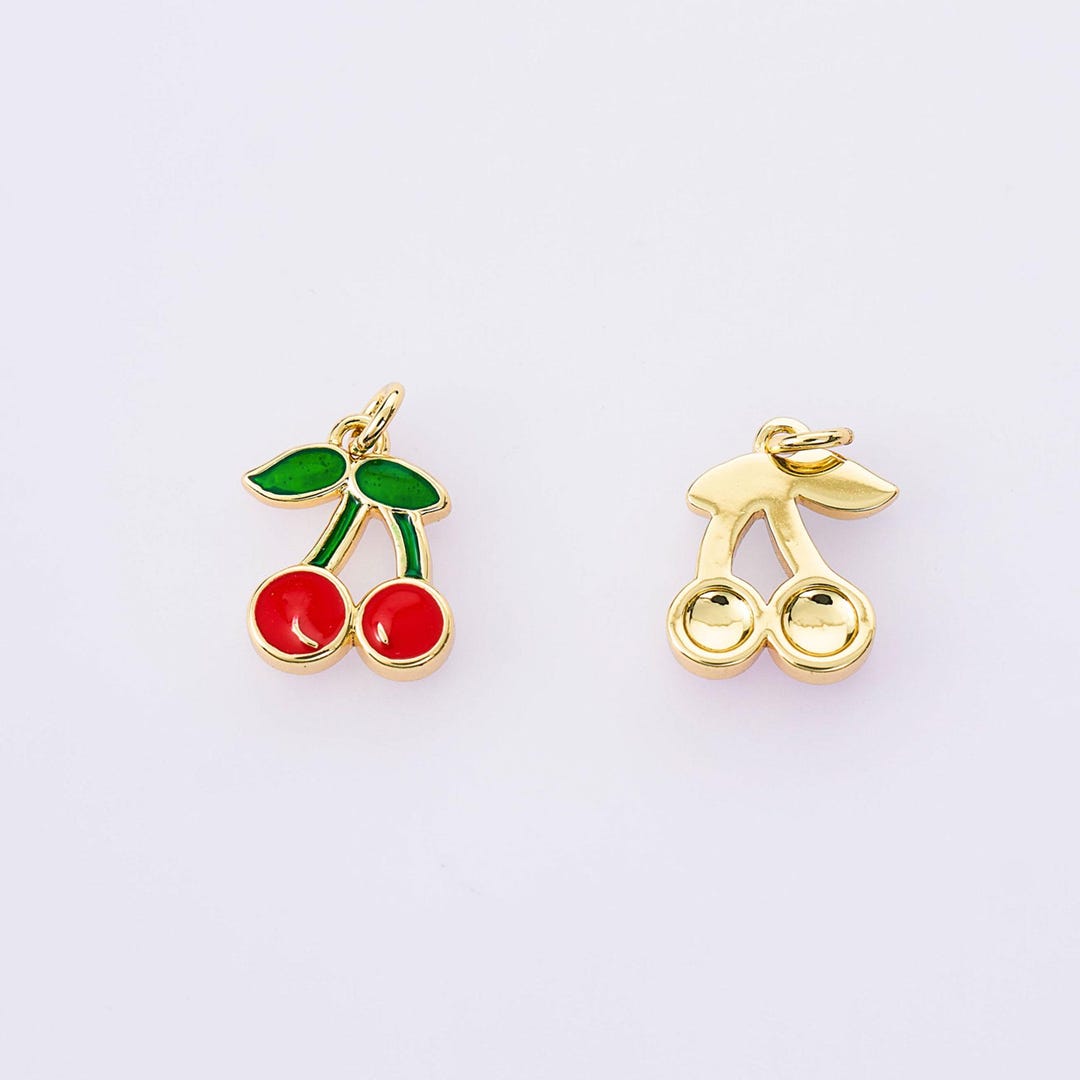 18K Gold Filled Cute Summer Fruit Cherry Charms, Small Red Green Enamel ...