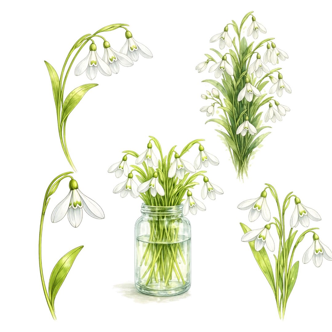 Watercolor Snowdrop Clipart Set 1– 5 Floral PNG Illustrations Digital ...