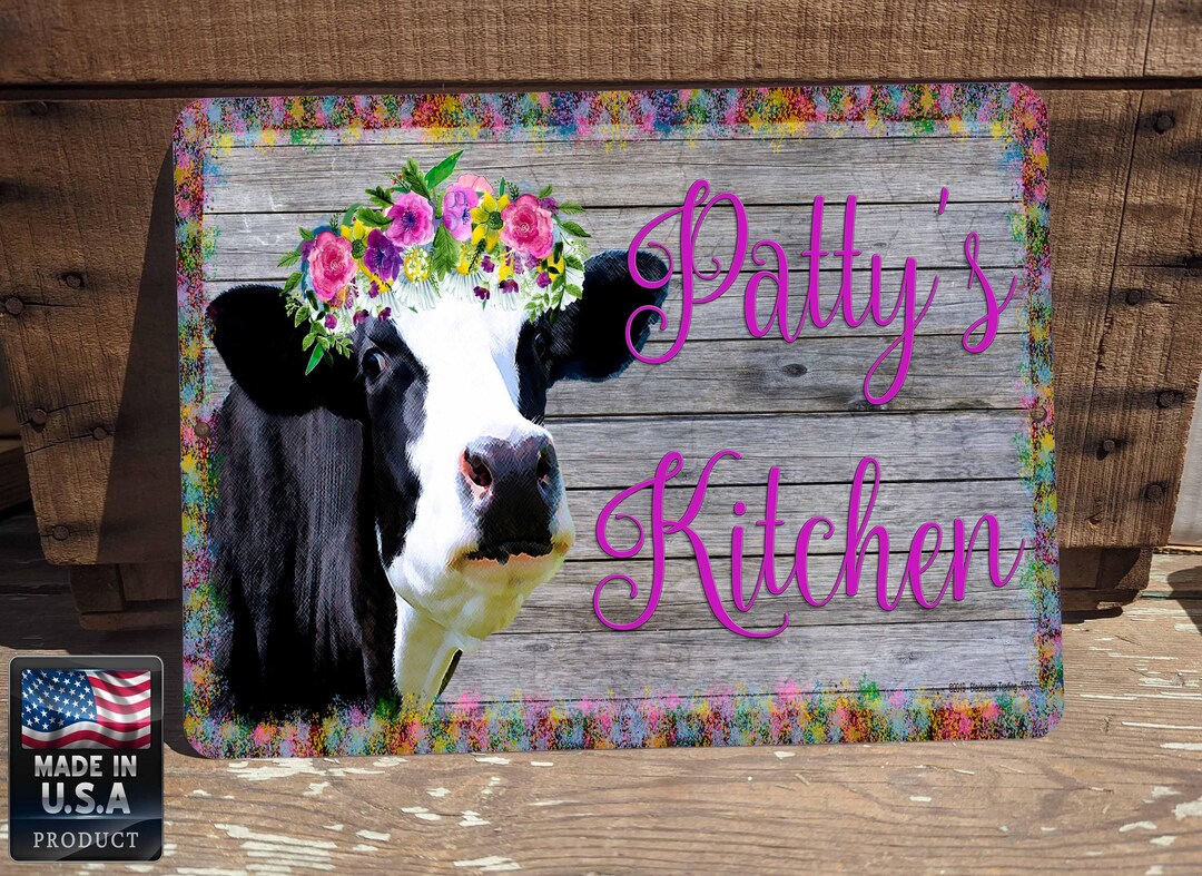 Personalized (your Name's) Kitchen Black and White Diva Cow With Floral ...