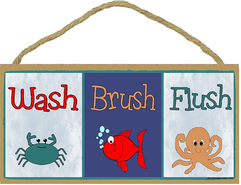 Wash Brush Flush Fish Crab Octopus Bathroom Sign Plaque | Etsy