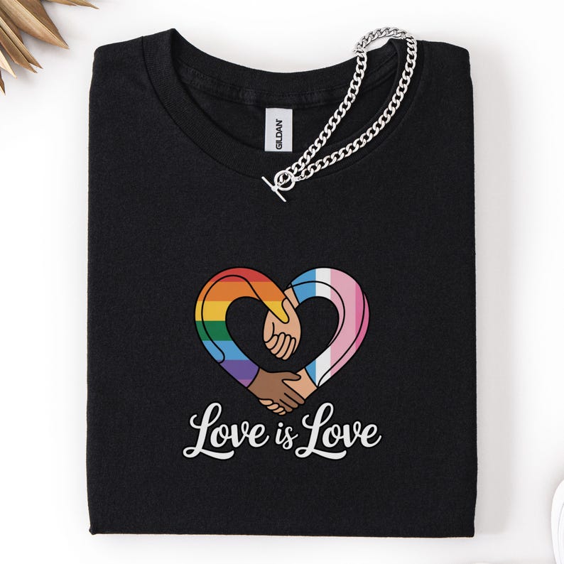 Love is Love T-shirt Rainbow Heart Handshake Pride LGBTQ+ Graphic Tee ...