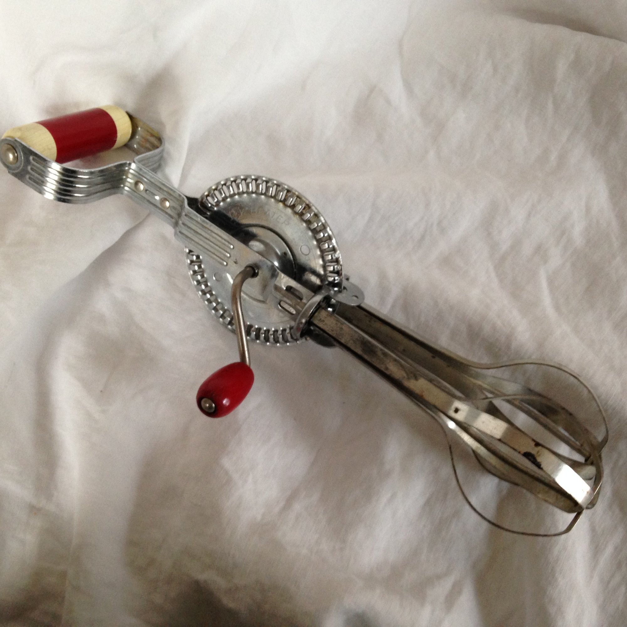 Vintage Ekco Egg Beater Hi Speed A&J Hand Crank Red Ivory Wood Handles ...