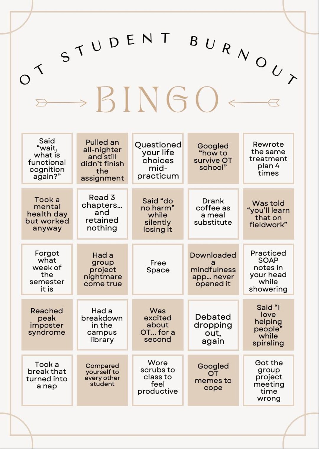 OT Student Burnout Bingo – Funny OT School Printable, Occupational ...