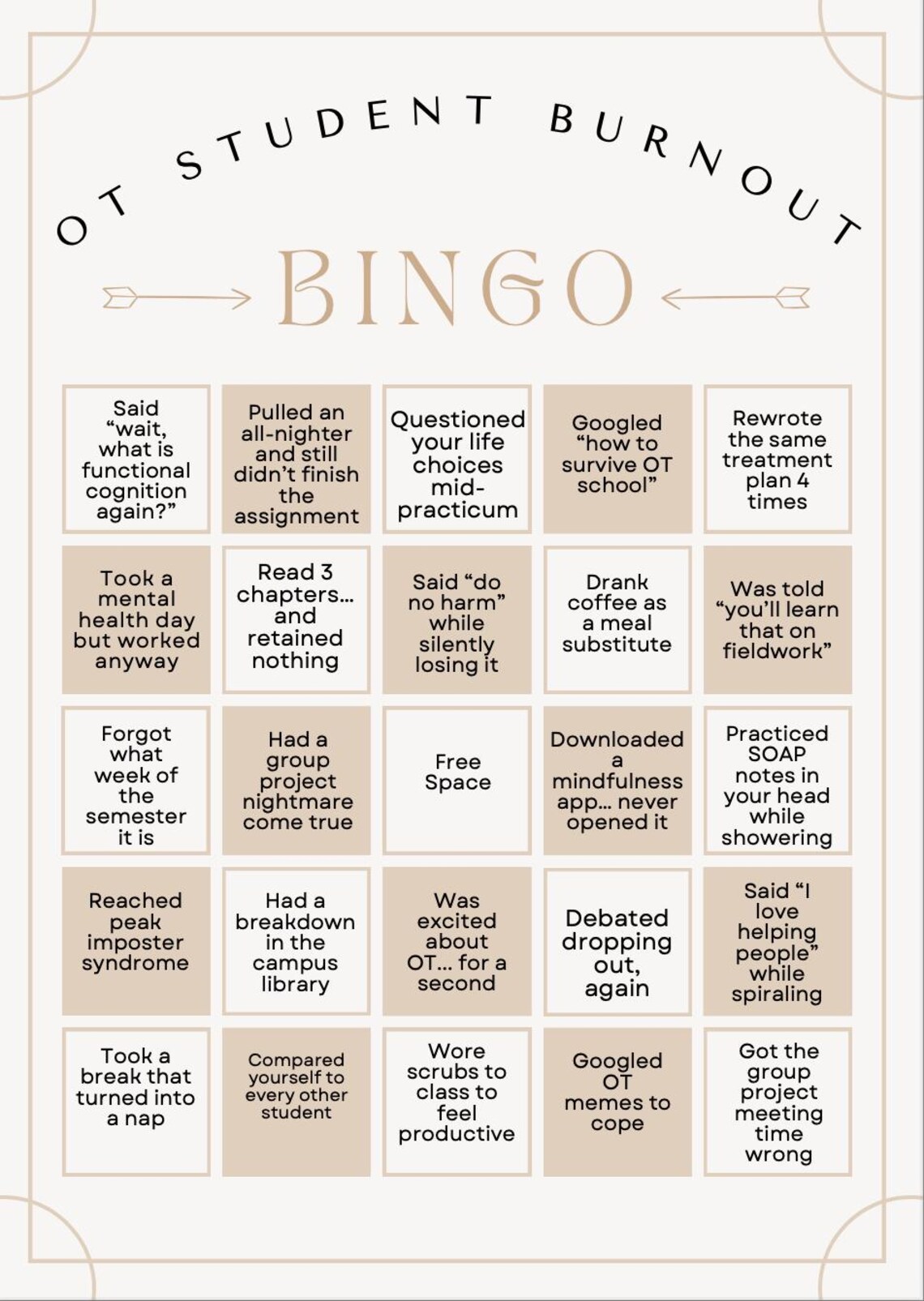 OT Student Burnout Bingo – Funny OT School Printable, Occupational ...