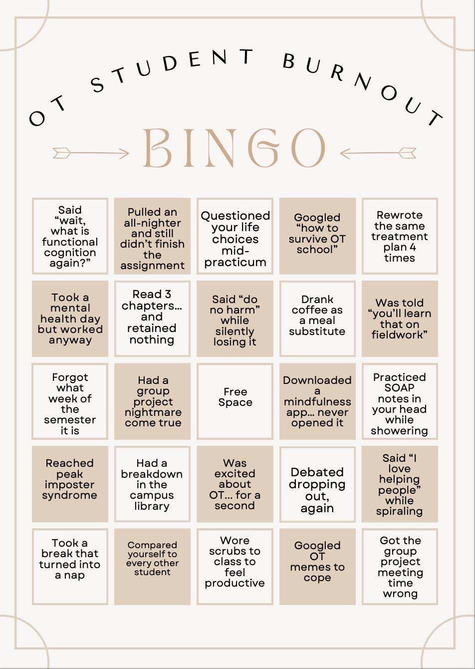 OT Student Burnout Bingo – Funny OT School Printable, Occupational Therapy Student Gift, Grad ...