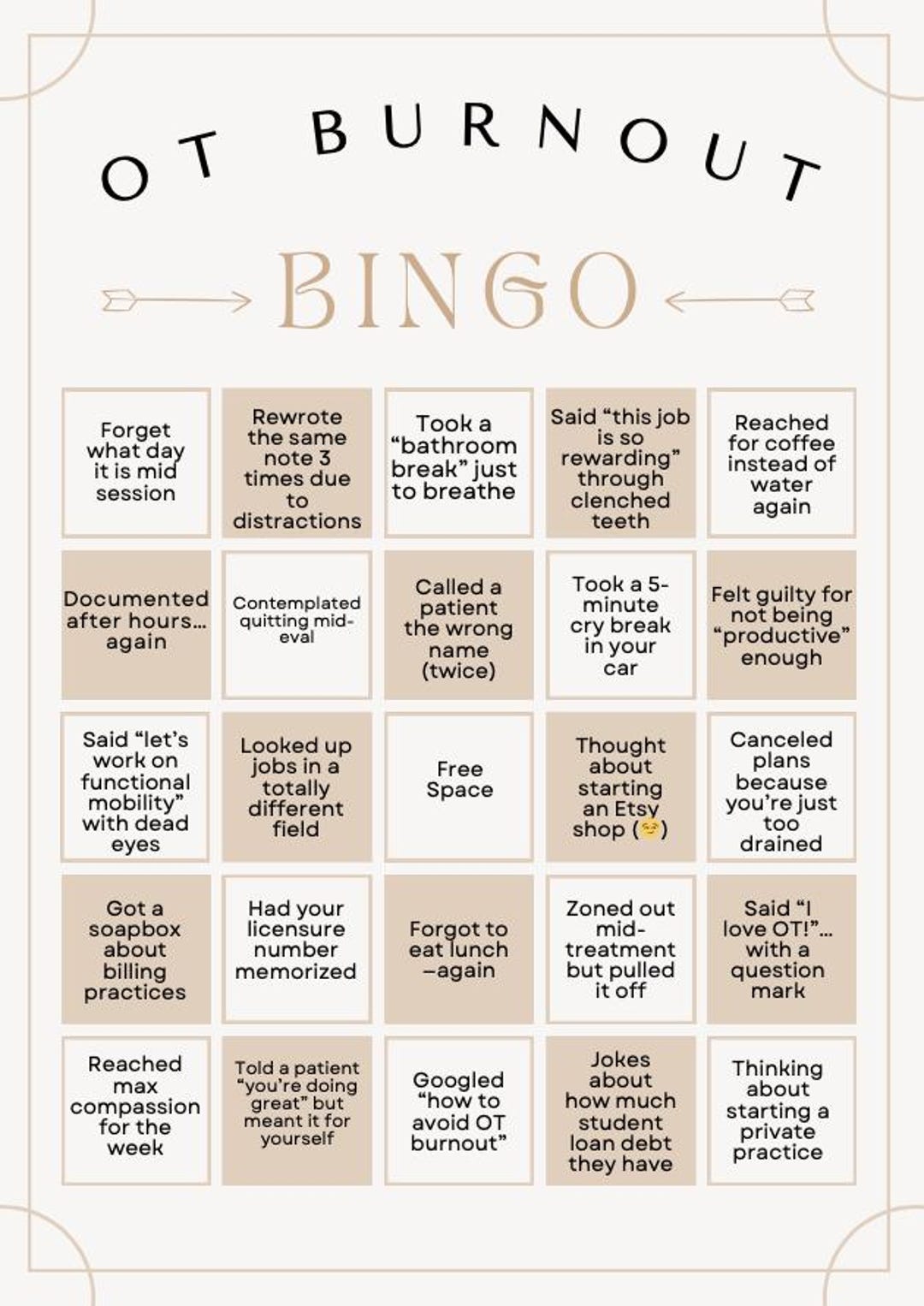OT Burnout Bingo – A Relatable Printable for Overworked & Under-caffeinated Ots - Etsy