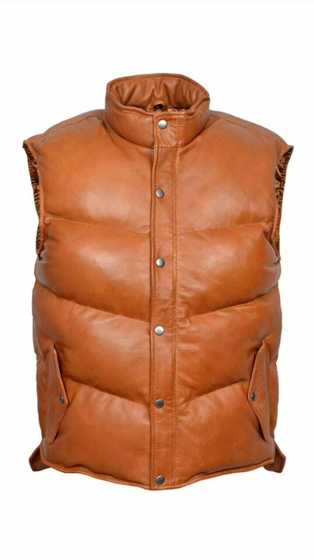 Men's Tan Brown Puffer Genuine Leather Vests Handmade Sleeveless ...