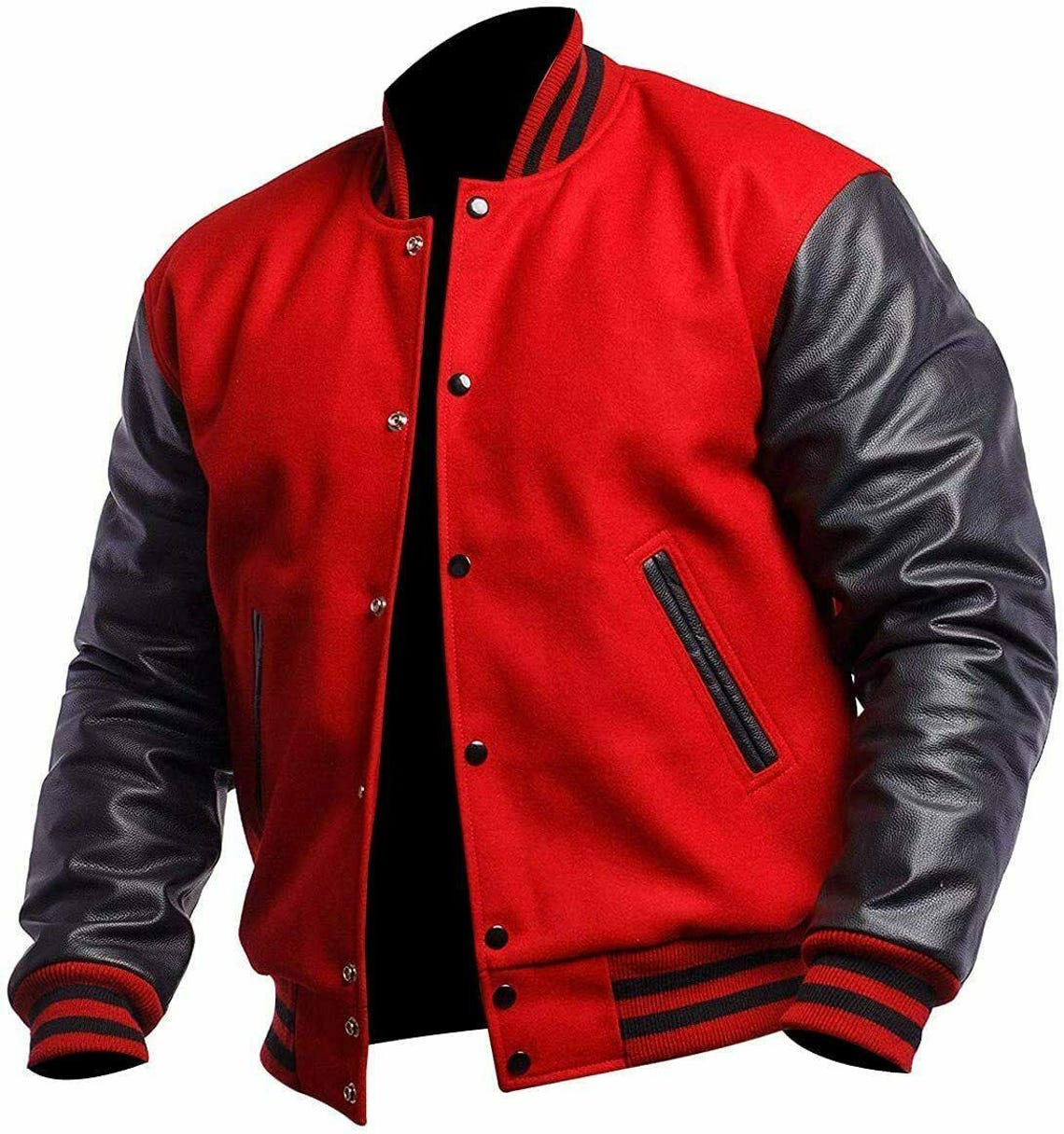 Men's Red Wool and Black Cowhide Leather Sleeves Varsity Jackets ...