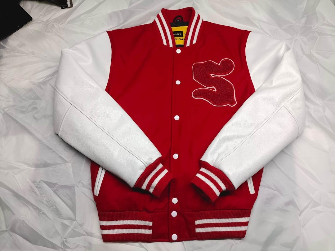 Men's Red Wool Varsity Jacket: Handmade Leather Sleeve Letterman - Etsy