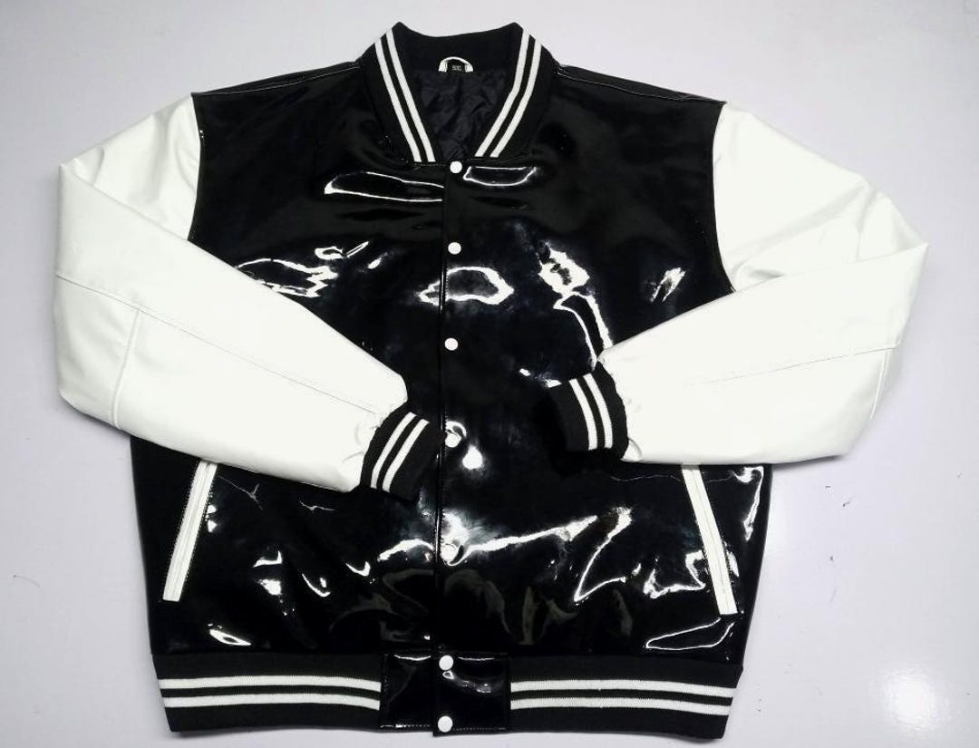 Men's Black & White PVC Varsity Jackets Handmade With Top Quality PVC ...