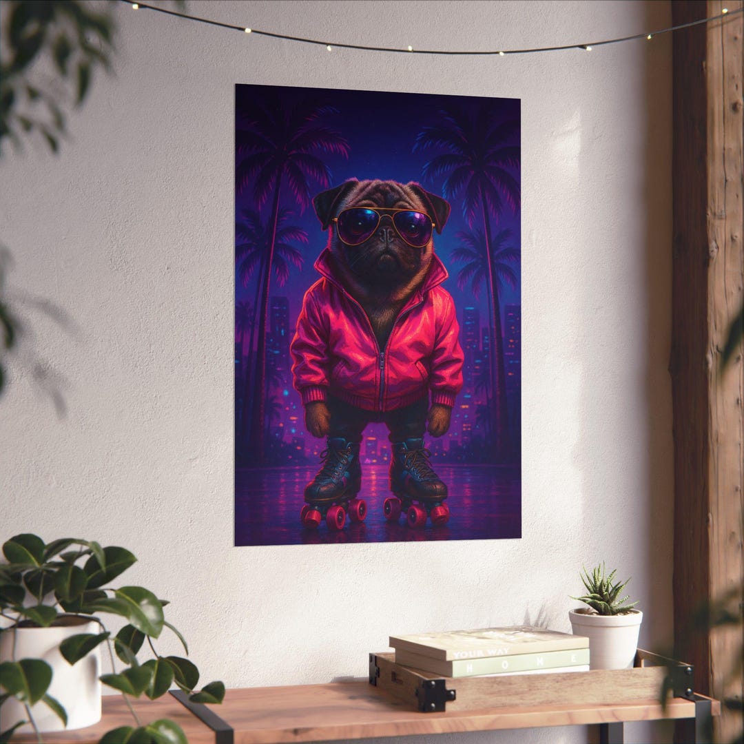 Neon Pug 80s Poster: Synthwave Roller Skating Dog Art - Etsy