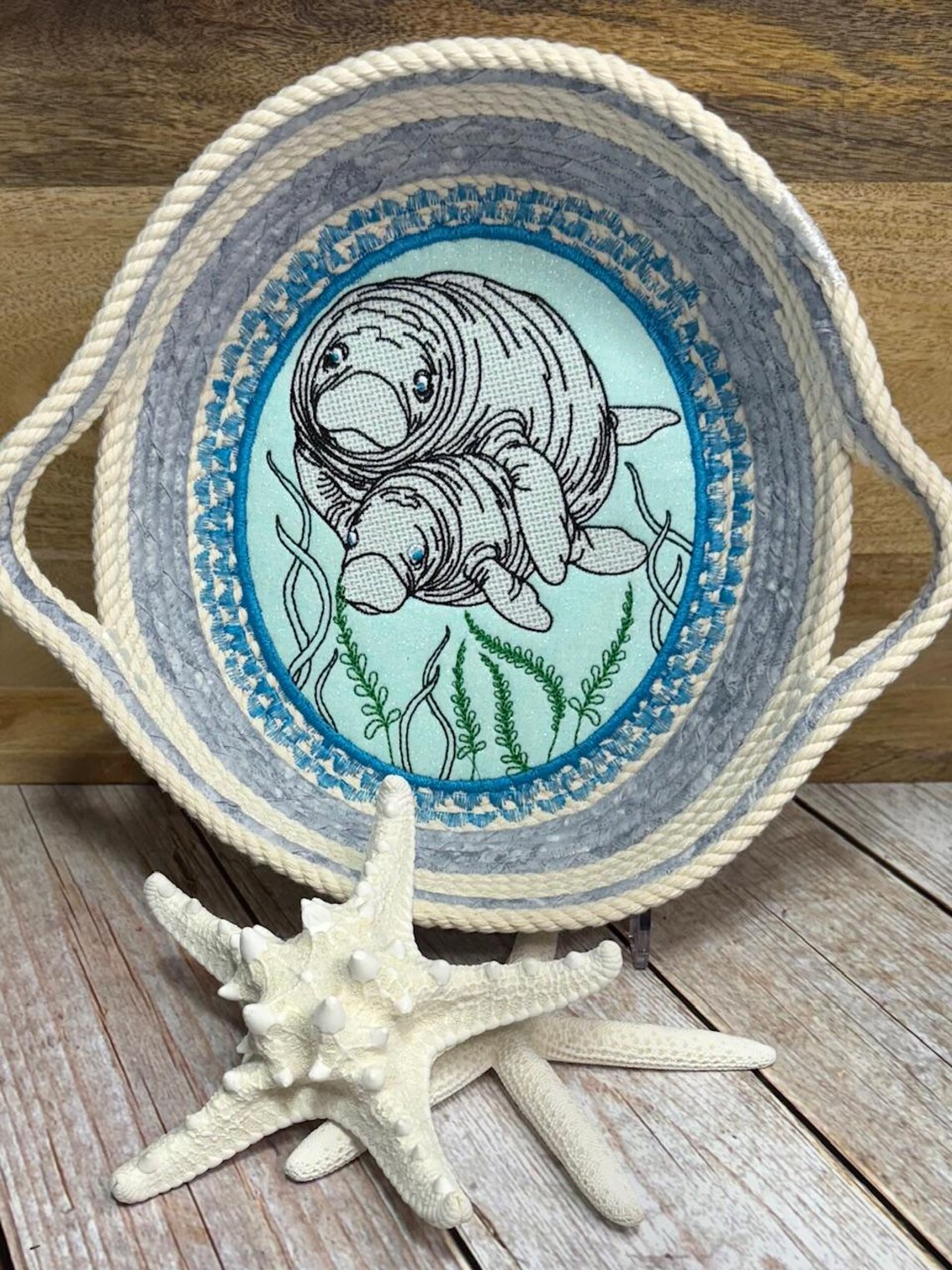 Embroidered Manatee Rope Basket: Handmade Coastal Decor - Etsy