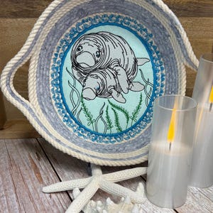 Embroidered Manatee Rope Basket: Handmade Coastal Decor - Etsy