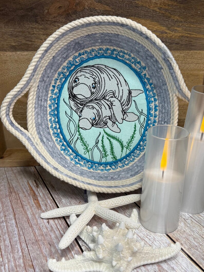 Embroidered Manatee Rope Basket: Handmade Coastal Decor - Etsy