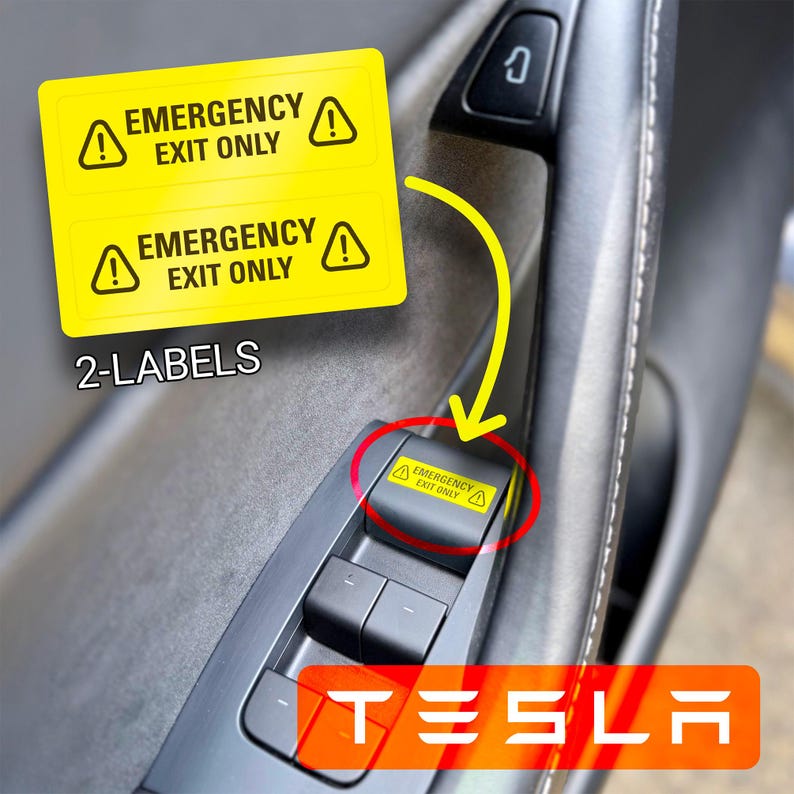 Tesla Emergency Handle Door Warning Label - Emergency Exit Only ...