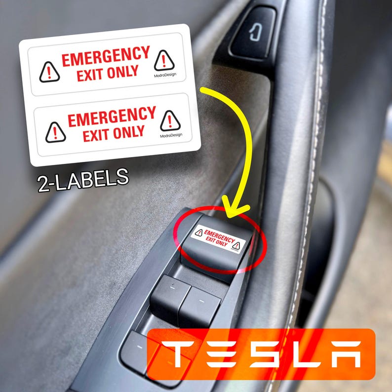 Tesla Emergency Handle Door Warning Label - Emergency Exit Only ...