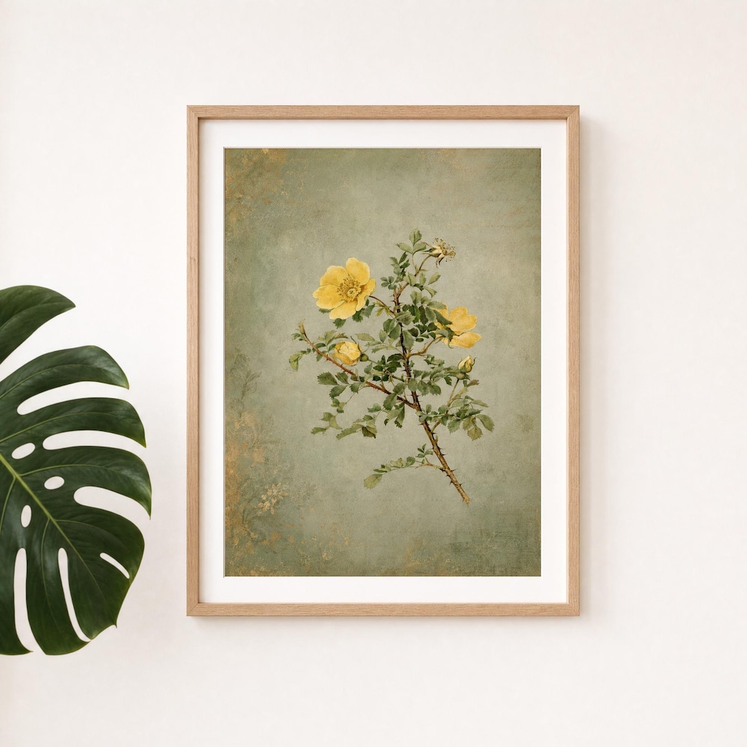 Vintage Yellow Wild Rose Botanical Print, Sage Green Floral Wall Art ...