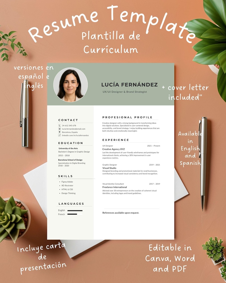 Editable Resume Template + Cover Letter | Resume Template Canva Word ...