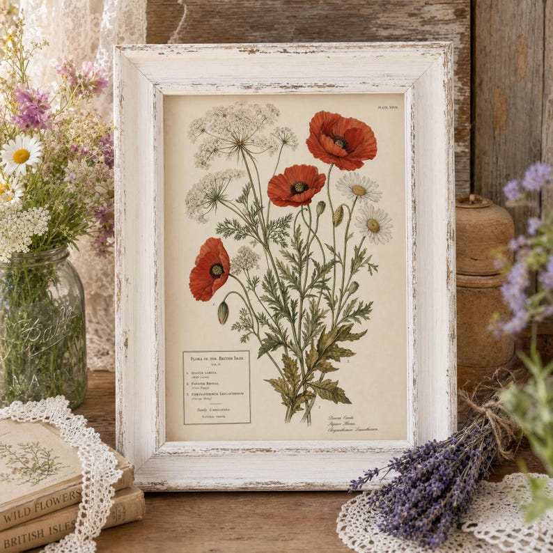 Vintage Botanical Print Set, Wildflower Poppies Daisies Herbarium Art ...