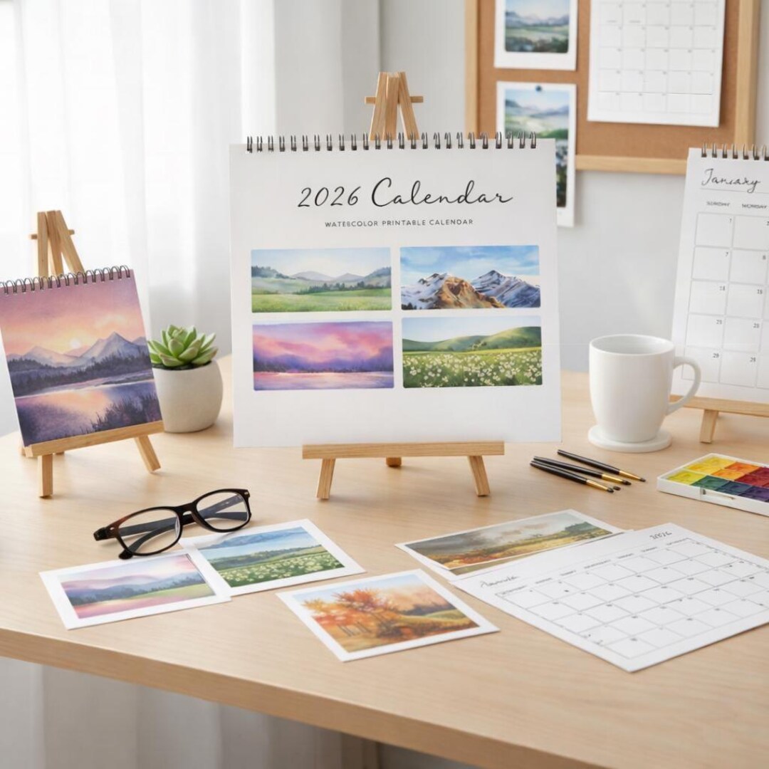 2026 Watercolor Landscape Calendar Printable, A4 Horizontal, Sunday ...