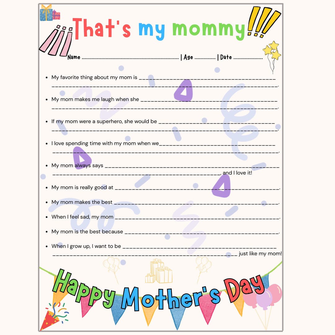 Printable Mother's Day Kids Questionnaire Gift | Fun 8.5x11 Fill in the ...