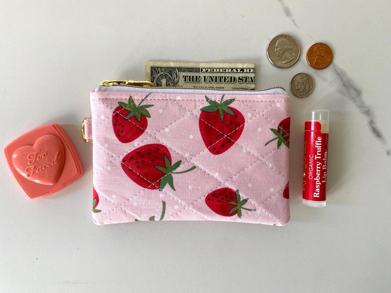 Coquette Coin Purse, Quilted Coin Pouch, Cute Strawberry Zipper Pouch ...