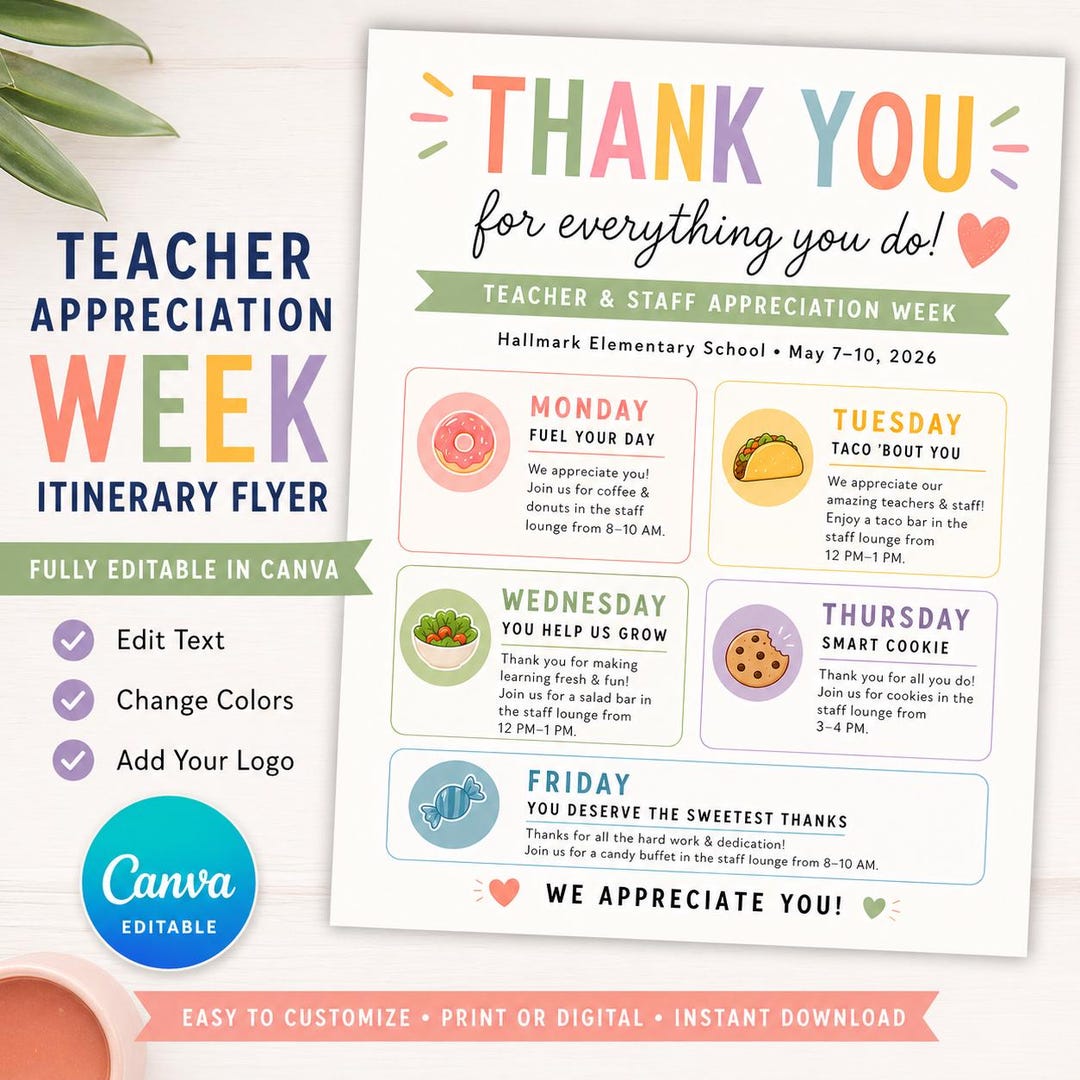 Teacher Appreciation Week Itinerary Flyer, Printable Teacher & Staff ...