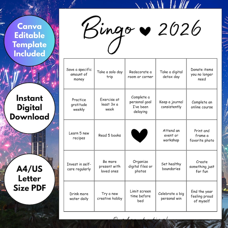 2026 Bingo Card Printable, 2026 Vision Board Bingo Card, New Year Party Game, New Yearn2026 ...