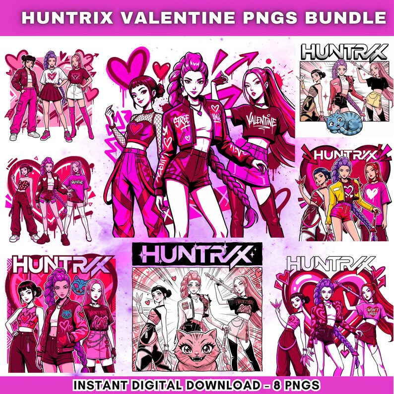 Kpop Valentine Huntrix PNG Bundle, Kpop Demon Hunters Anime, Saja Girls ...
