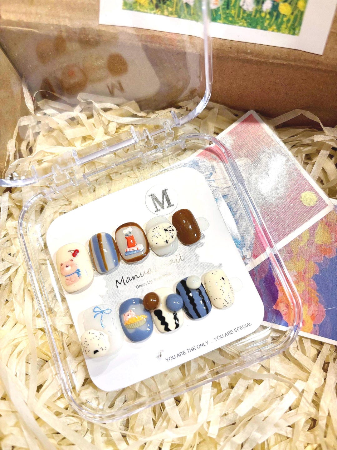 Cute Cartoon Press on Nails | Cozy Nail Set With Bear, Pie Book ...