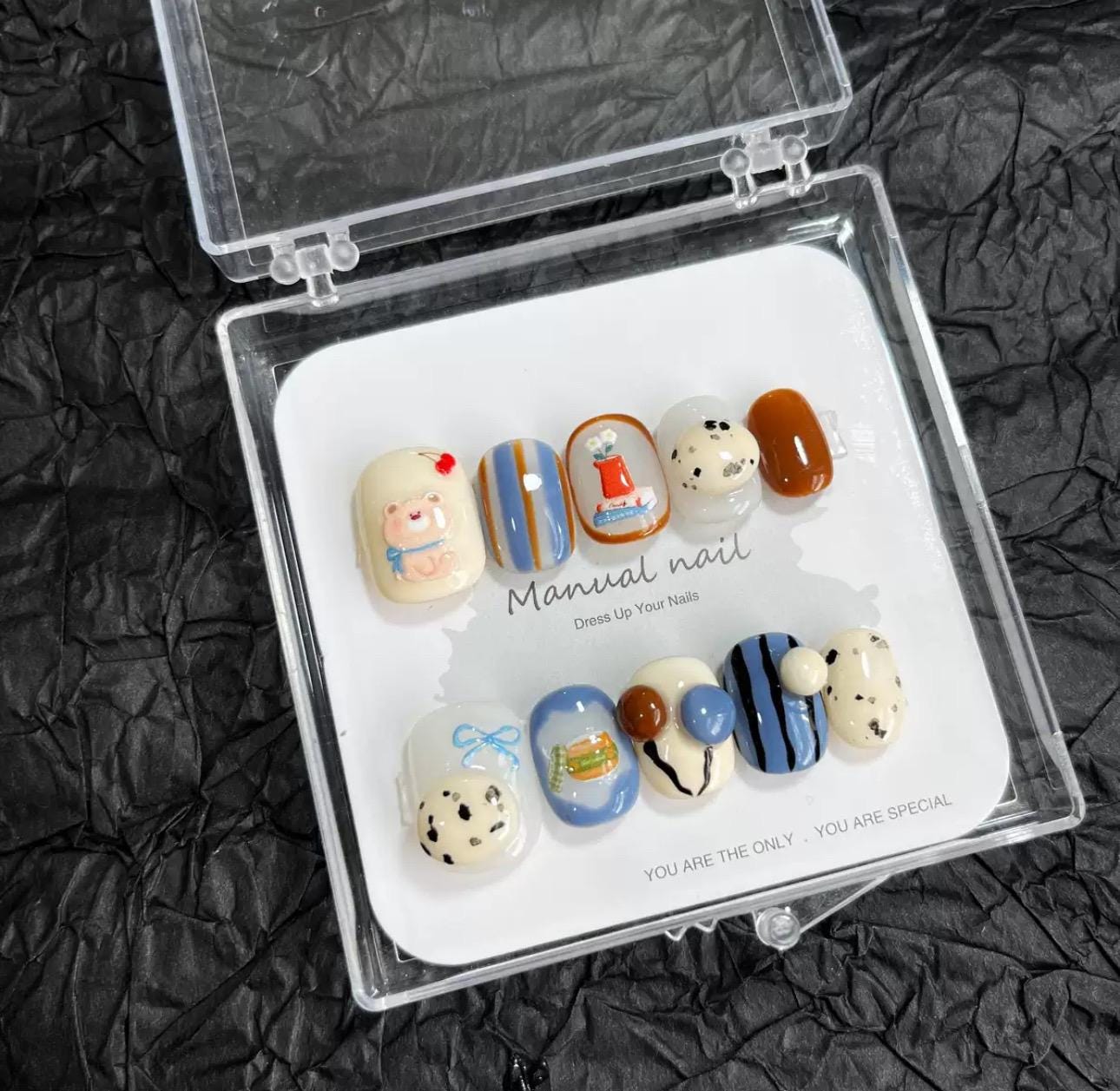 Cute Cartoon Press on Nails | Cozy Nail Set With Bear, Pie Book ...