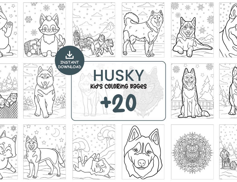 Husky Coloring Pages for Kids Instant Download – 20+ Printable Dog ...
