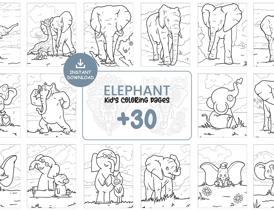 30 Elephant Coloring Pages for Kids Printable, Cute Baby Elephant ...