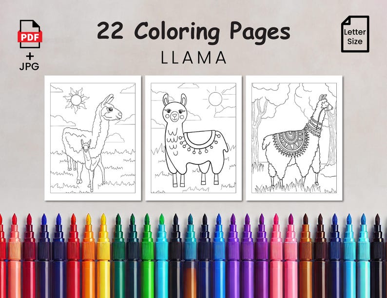 Llama Coloring Pages for Kids Printable Bundle, 22 Cute Animal PDF ...