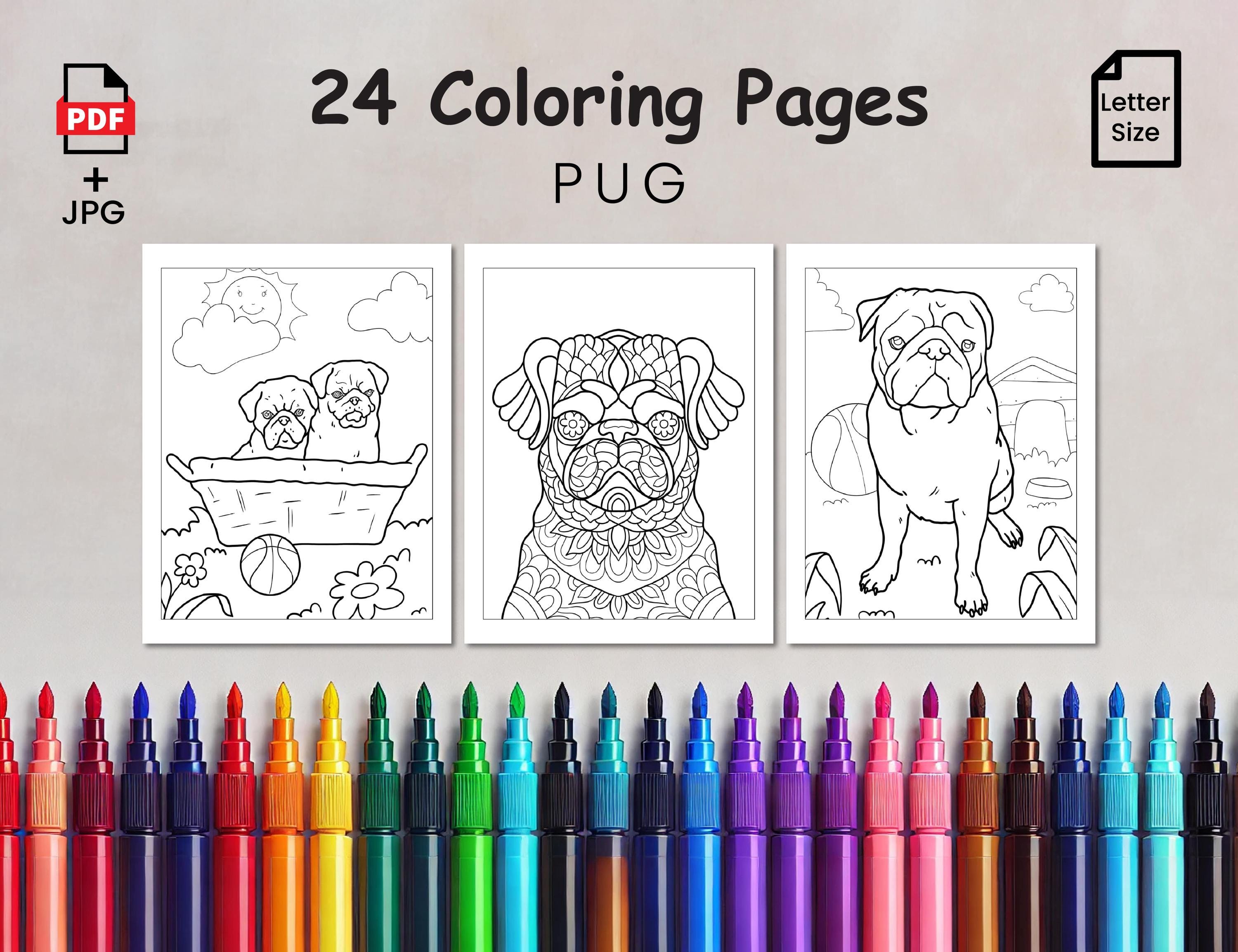 Pug Coloring Pages for Kids Printable Bundle of 24 Cute Dog Sheets ...