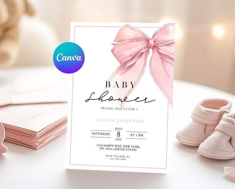 Pink Bow Baby Shower Invitation Template Printable, Baby Girl, Pink ...