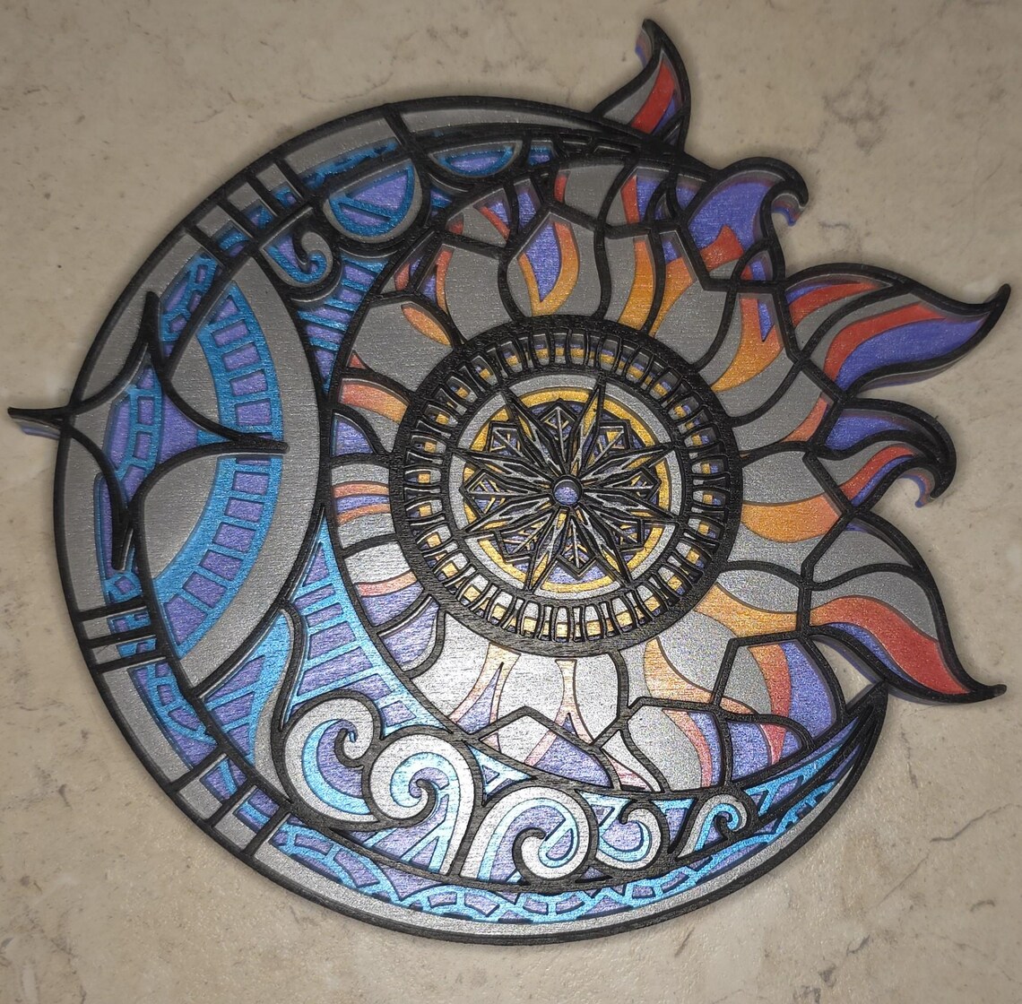 Mini Sun & Moon Compass Wall Art – 6.5" Layered Wood Decor | Hand ...
