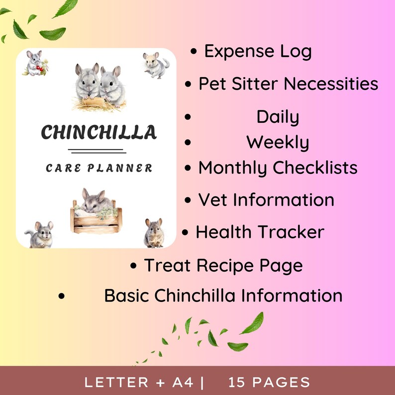 Chinchilla Care Planner | Printable Pet Care Bundle | Daily Routine ...