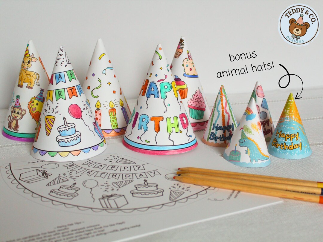 Printable Color Your Own Birthday Hats: Kids Party Craft (PDF Download ...