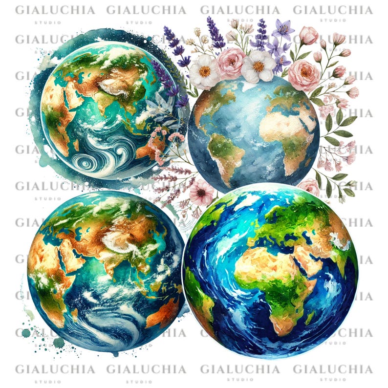 Watercolor Planet Earth Clipart: Solar System Globe Pngs (digital ...