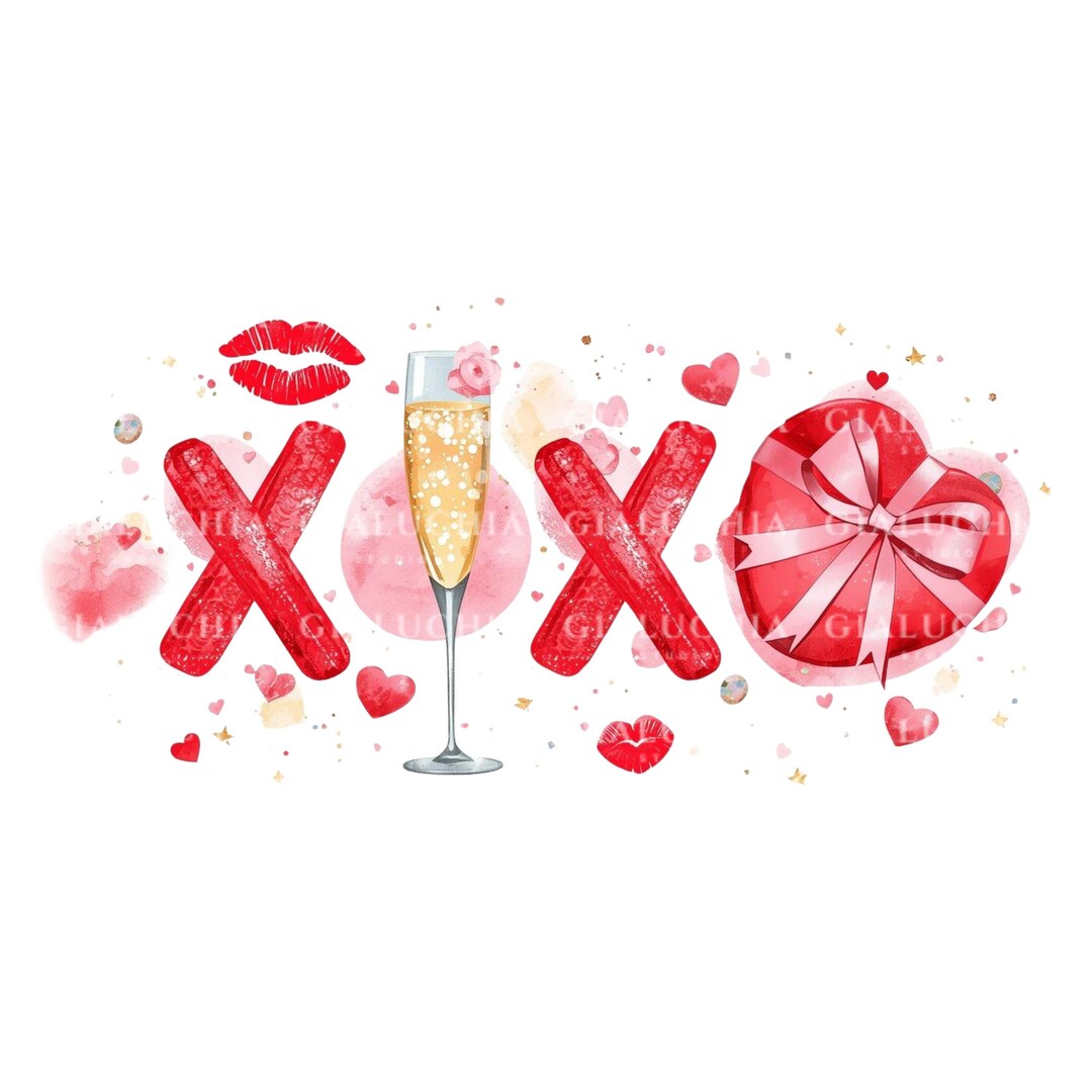 XOXO Valentine's Day Clipart, Watercolor Lips, Champagne, Heart Box ...