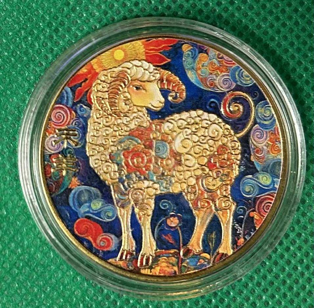 Gold-plated Enamel Goat Coin Chinese Zodiac Collectible Lucky Charm ...